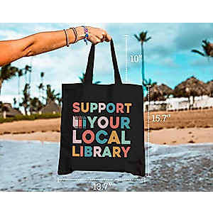 GXVUIS Support Your Local Library Canvas Tote Bag for Women Aesthetic Reusable Grocery Shopping Bags Book Lovers Gifts Black