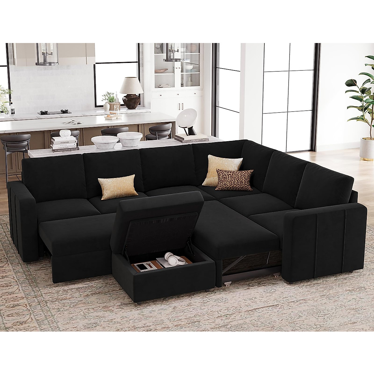 Belffin Modular Sectional Sleeper Couch with Pull Out Sofa Bed Velvet Convertible L Shaped Sectional Sofa with Storage Ottoman for Living Room Black