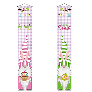 Rainlemon Welcome Happy Easter Gnome Porch Banner Buffalo Check Plaid Stripes Front Door Sign Decoration
