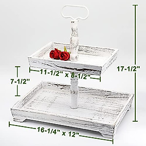 2 Tiered Tray Stand for Decor, Rustic Wooden Farmhouse Decorative Tray for Home Coffee Table Kitchen Counter by Witsbrez (White Wash Rectangle)