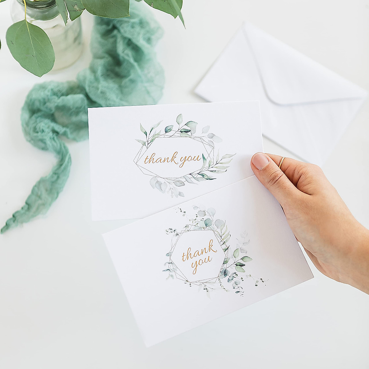 Ellen J Creations Floral Eucalyptus Wedding Thank You Cards, Pack of 48, 4x6, Blank, Smudge-Free, Heavyweight Cardstock, Gold Foil, Envelopes