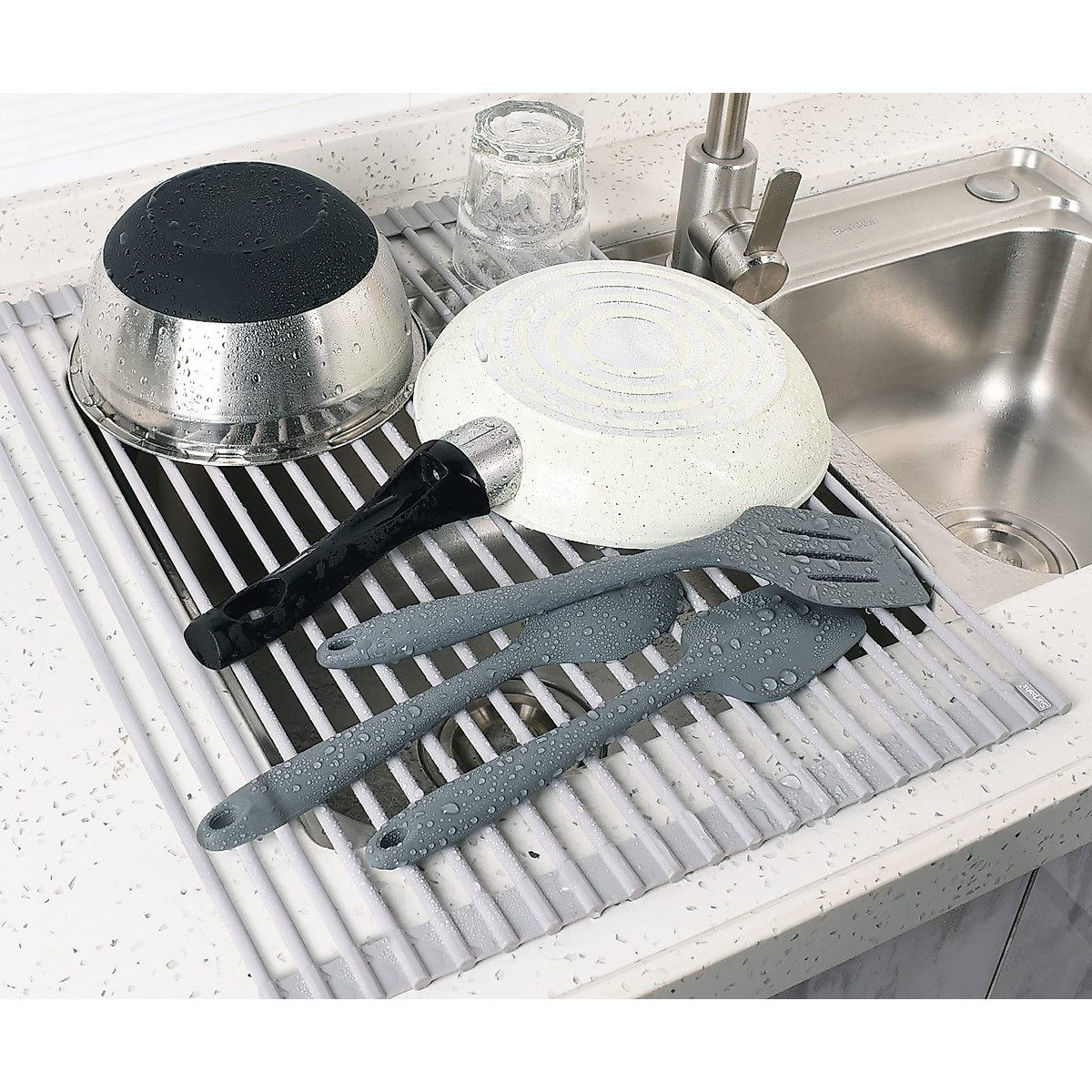 Surpahs Over Sink Foldable Multipurpose Roll-Up Dish Drying Rack, Silicone Wrapped Stainless Steel,Warm Gray, 20.5" x 15.5" (Pack of 2)
