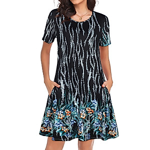 Plus Size Summer Dress for Women Flowy Loose Swing Casual Sundresses Round Neck Sleepwear with Pockets（Black Flower,L）