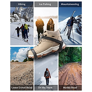 11 Spikes Crampons, Upgraded Version Stainless Steel Anti-Slip, Ice Cleats Traction Grips for Hiking Shoes and Boots, Safe Protect for Hiking Fishing Mountaineering Walking,Black,Large