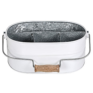 Bedding Craft Farmhouse Utensil Caddy -All Serveware - Galvanized Metal Organizer for Kitchen Counter,Metal Caddy,Wooden Handle Indoor/Outdoor Storage For Flatware, Condiments, Party Cutlery - White