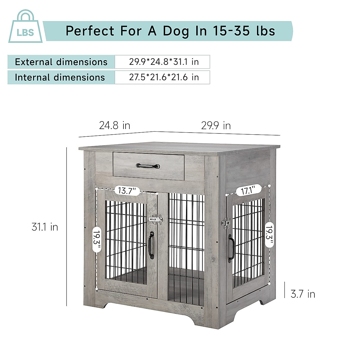 IDEALHOUSE 32 Inch Furniture Style Dog Crates – Chew-Proof Indoor Casual Home Wooden Pet Crate, Indoor Pet Crate Side Table, Wood Look Dog Kennel End Table with Drawer, Grey