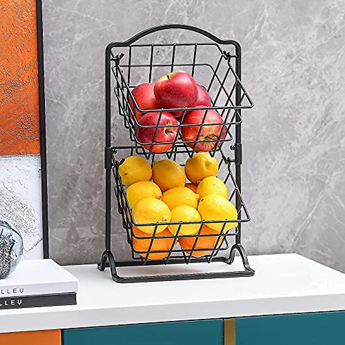 Wetheny 2 Tier Fruit Basket Fruit Bowl for Kitchen Counter,Bread,Fruit and Vegetable Holder Storage Basket,Wire Hanging Basket stand for Kitchen Organizer