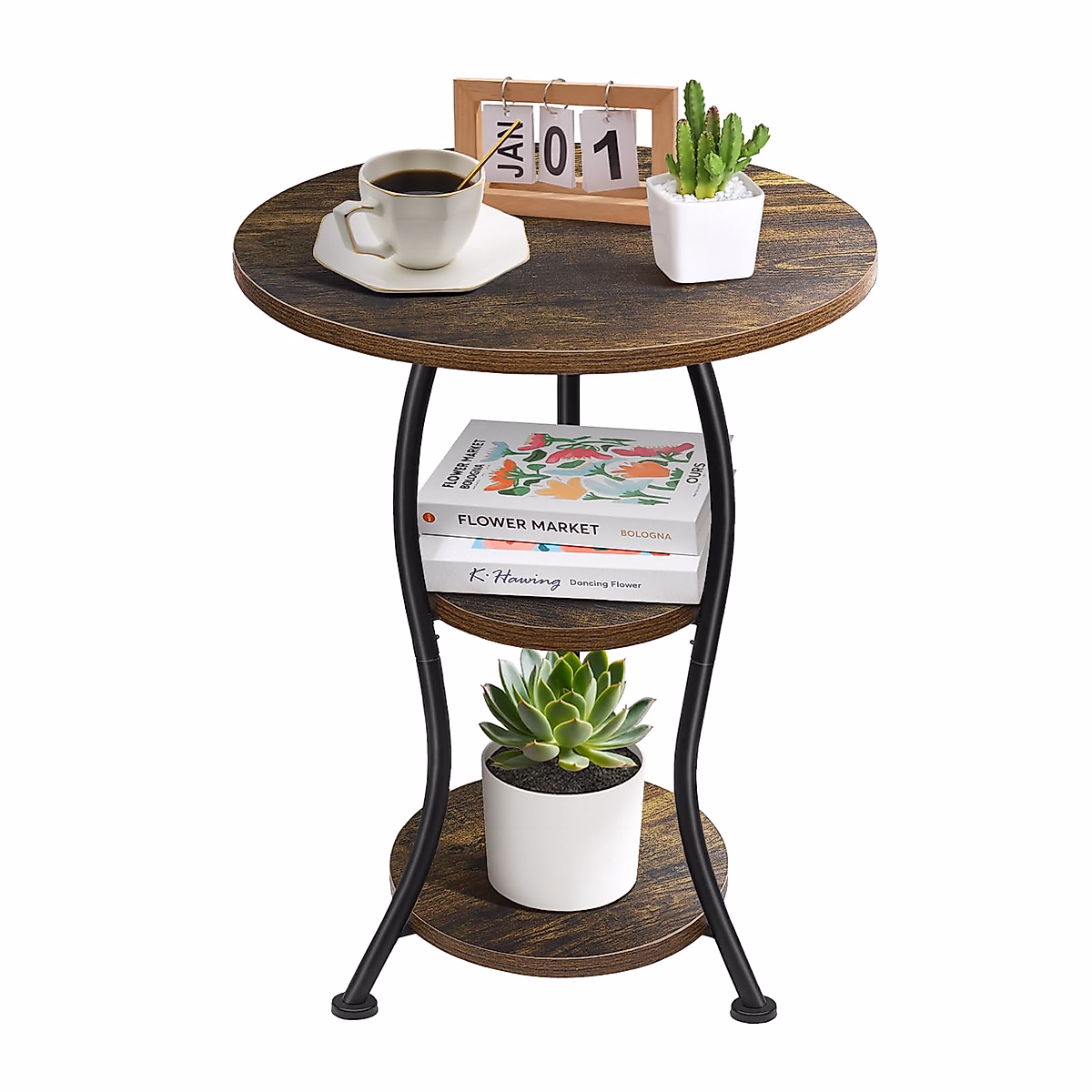 SMFANLIN 15.7 Inches Round Wood Side Table for Small Space, 3-Tier Accent End Table with Metal Frame, Coffee Table Corner Sofa Table Nightstand for Living Room, Bedroom (Rustic Brown)