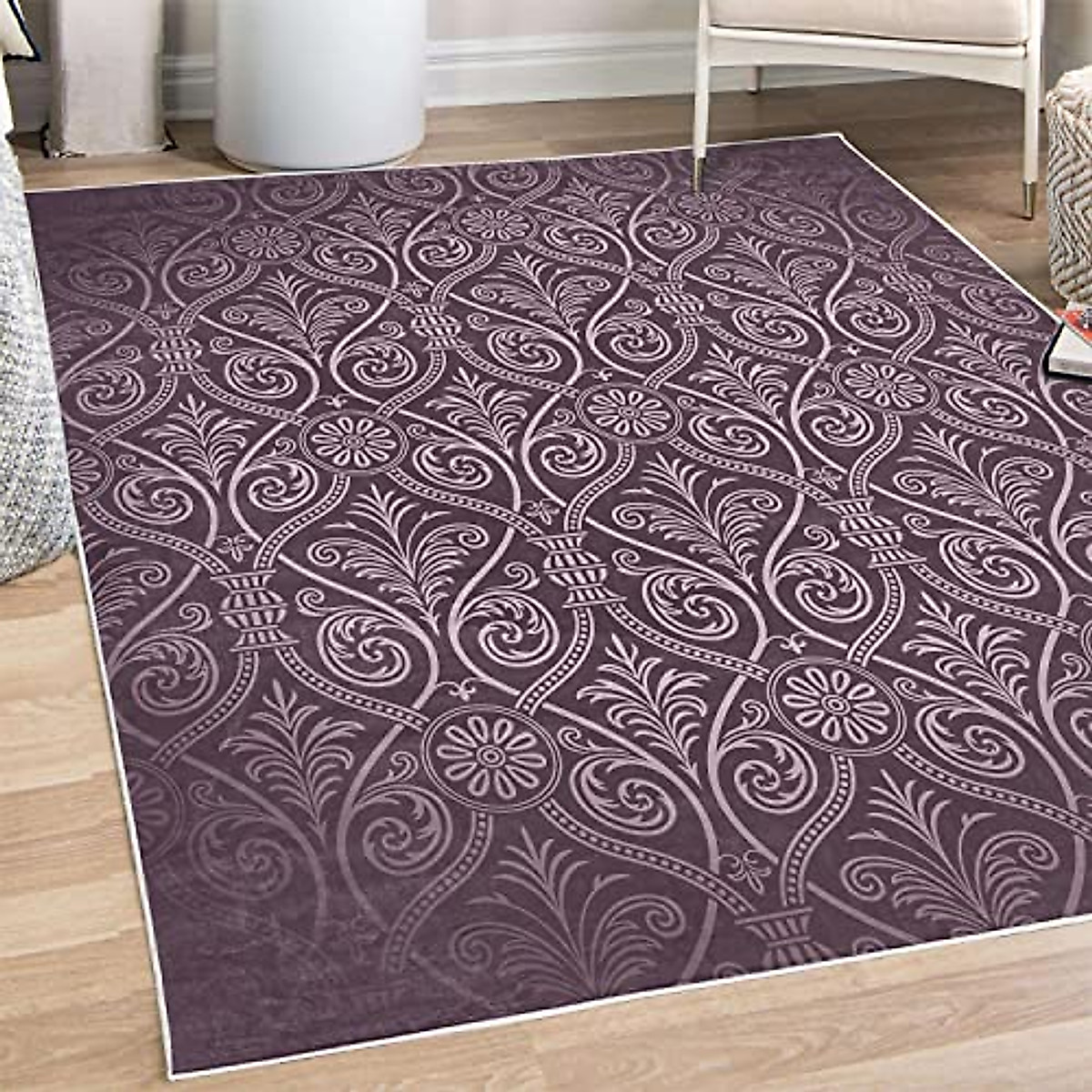 Lunarable Damask Decorative Rug, Antique Baroque Pattern Mild Gothic Victorian Style Repeated Curly Motifs, Quality Carpet for Bedroom Dorm and Living Room, 5' 1" X 7' 5", Plum Lilac