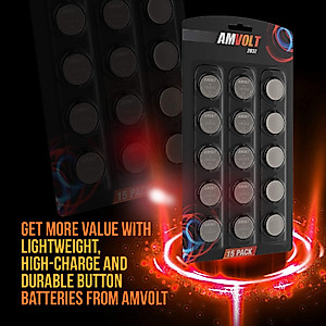 AmVolt 15 Pack CR2032 Batteries - [Extended Life] Airtag Battery 220mAh 3 Volt Lithium Replacement Airbag 3v C2032 Watch Battery Coin Round Button Cell - Key FOB - Child Resistant | 5 Year Guarantee
