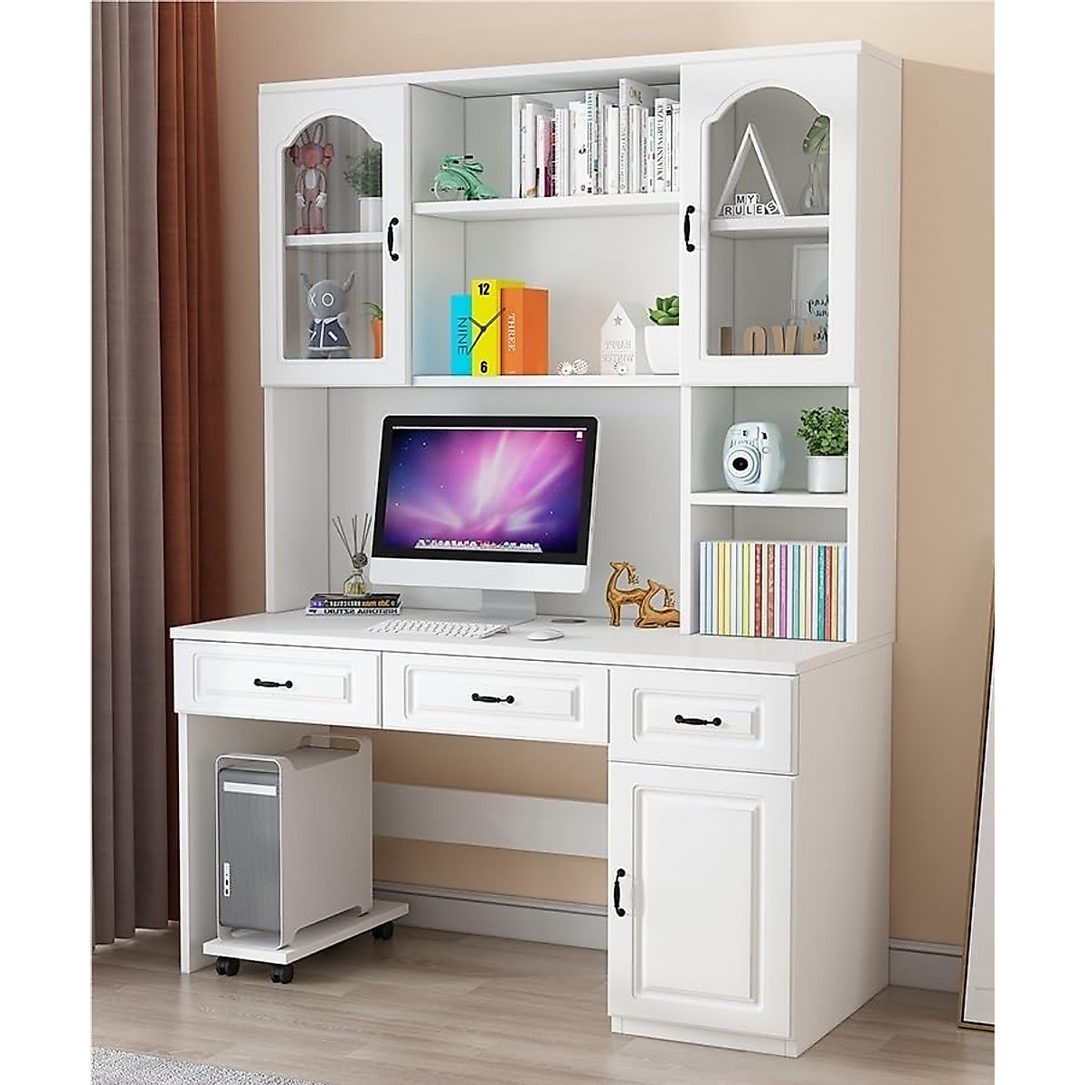 KIRANDY Girls' Bedroom Study Desk and Bookshelf Combo, Computer Desk with Drawers (Color : White 90x50x182.5cm Solid Wood)