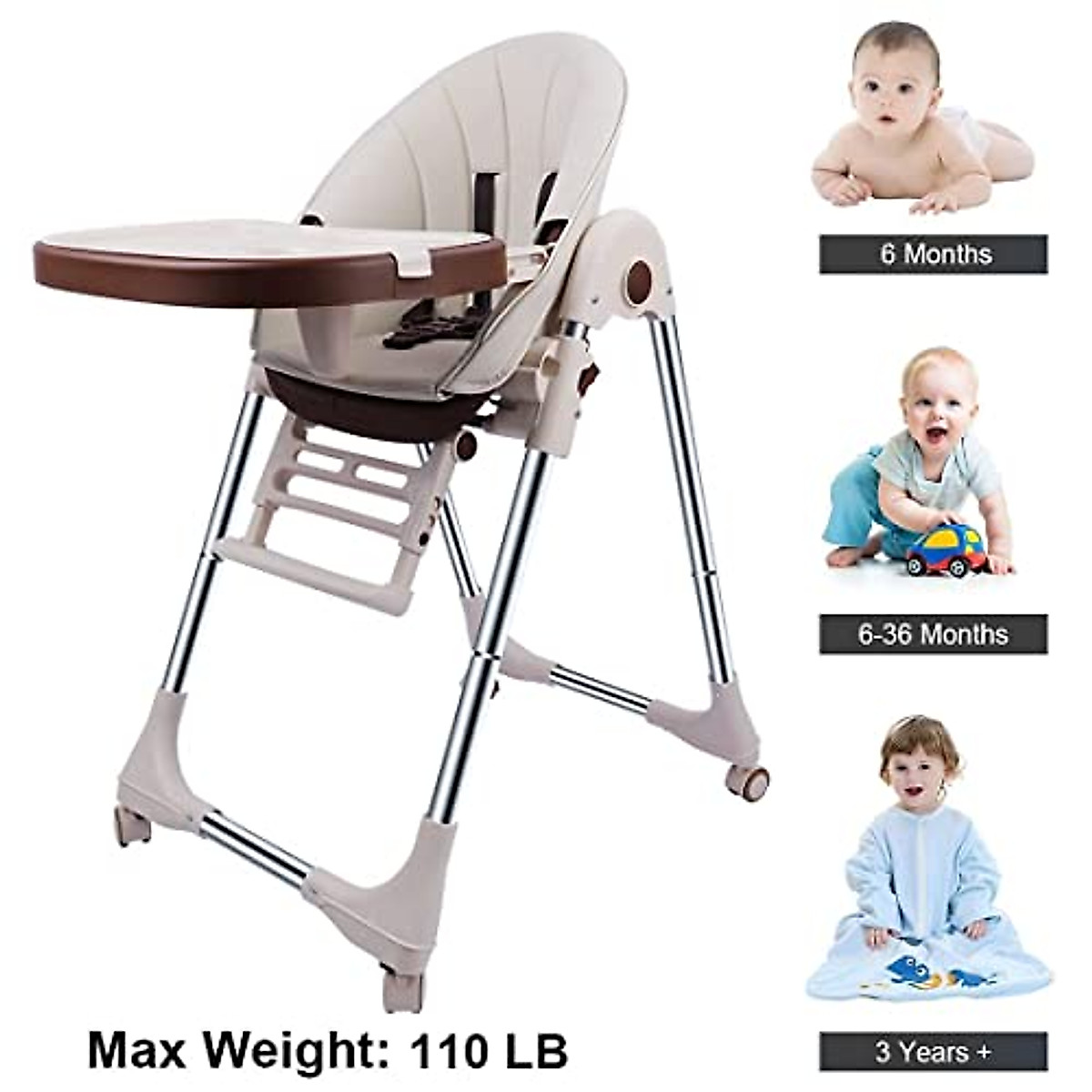Baby High Chair for Toddlers Kids Feeding Height Convertible with Removable Tray, Multifunctional Portable Children Dining Reclining Chair Foldable with Wheels, Beige