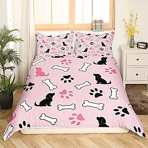 Castle Fairy Cute Dog Pattern Bedding Set,Pink Black White Comforter Cover Set for Teens Women Room Decor,Dog Paw Print Duvet Cover Breathable Kawaii Animals Bedspread Cover Full Size