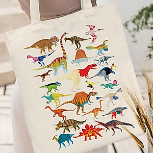 Andeiltech Canvas Aesthetic Tote Bag for Women Cute Dinosaurs Canvas Totes with Zipper Pocket Reusable Grocery Bags for Beach shopping bag