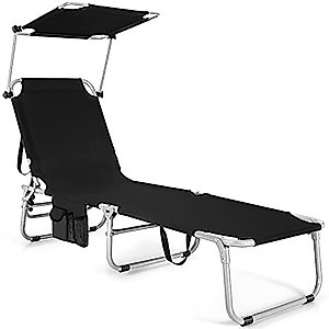 Goplus Lounge Chaise Chair, Foldable 5-Position Adjustable Tanning Sun Bating Chair w/ 360°Canopy & Side Pocket, Outdoor Beach Recliner for Garden Yard Pool Side (1, Black)