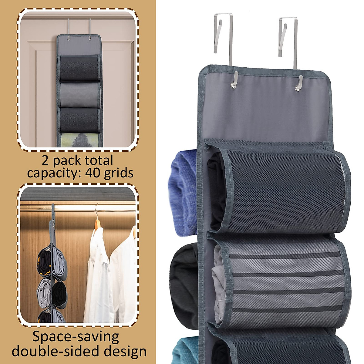 2 Pcs Clothes Closets Roll Holder- Hanging Closet System Closet Space Saver Clothes Organizer with 20 Roll Independent Compartments for T-Shirts Leggings Underwear Bras Socks (Gray, Double Sided)