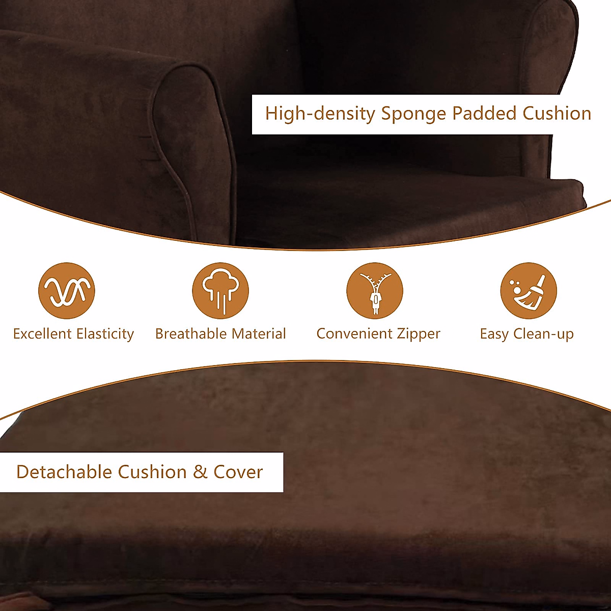 Costzon Glider and Ottoman Set, Wood Baby Rocker Nursery Furniture for Napping Reading Nursing, Cleanable Upholstered Comfort Rocking Nursery Chair with Detachable Cushion (Brown)