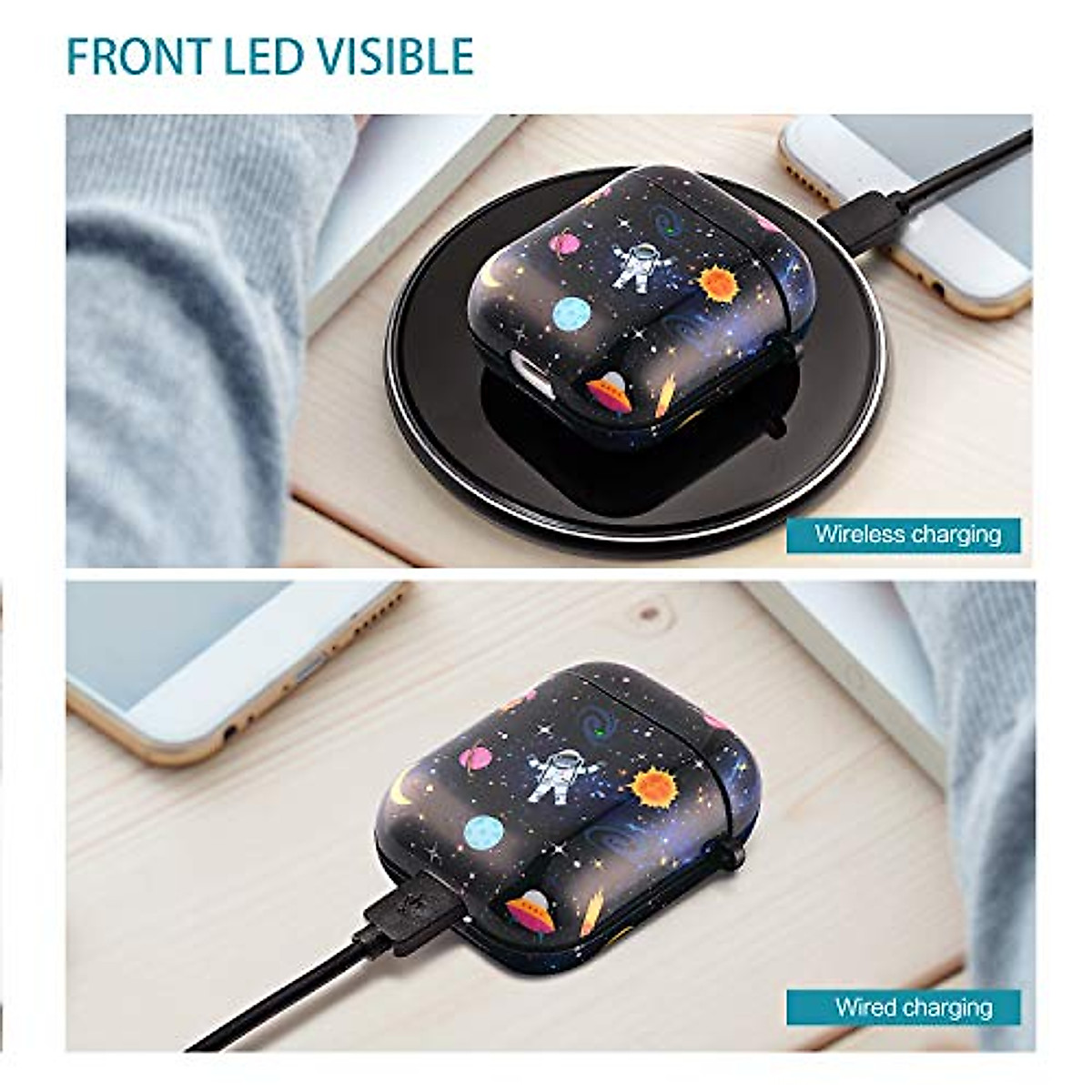 AirPods Case Gen 2&1, Lokigo Spacemen AirPods Case Cover Full Protective AirPods with Wireless Charging Hard Case Kits with Keychain/Strap/Earhooks/Watch Band Holder for Girls Women Men