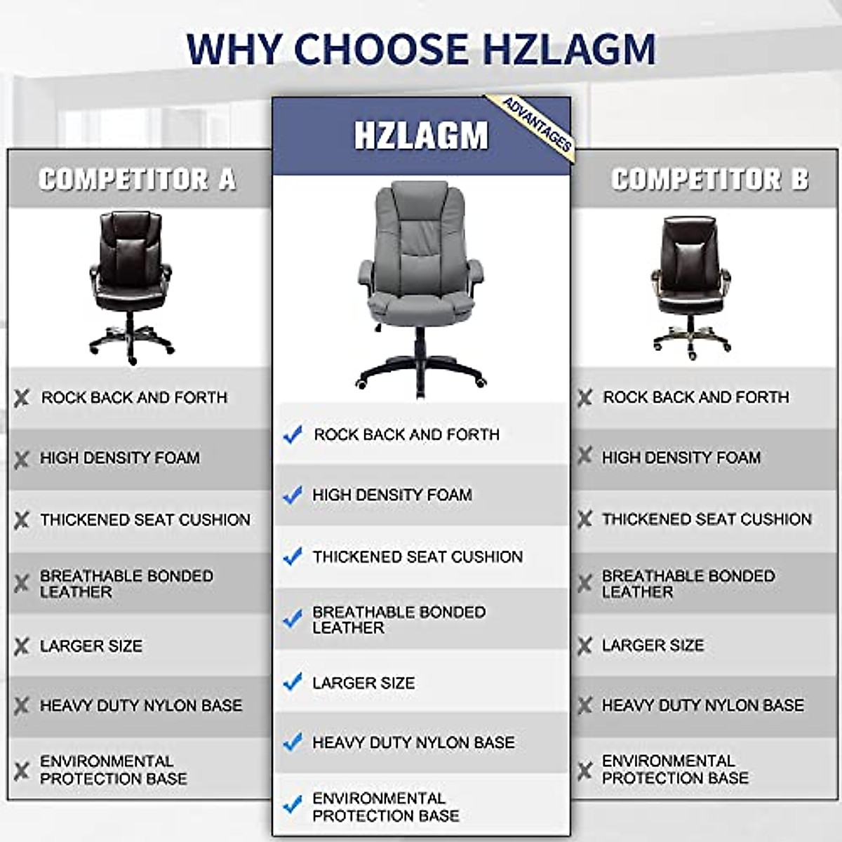 High Back Big and Tall Leather Office Chair, Ergonomic Grey Executive Chair, Comfortable Padded Office Chair Adjustable Height Bonded Leather Chairs with Cushions Armrest for Long Time Seating (Grey)