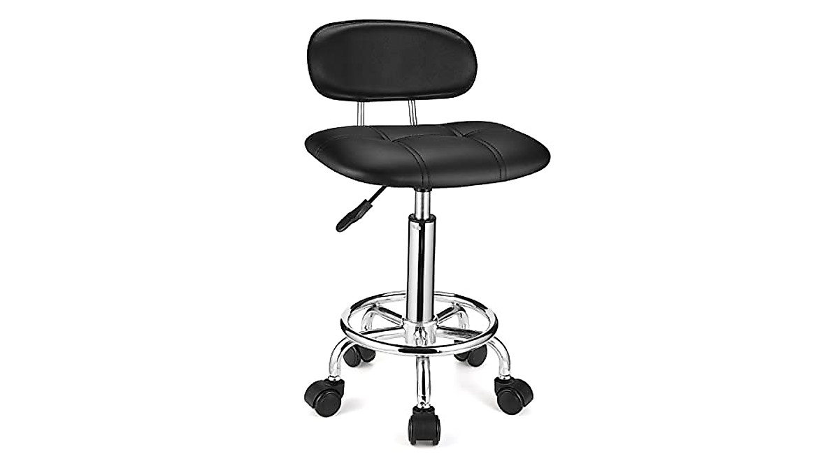 HMTOT Square Rolling Stool with Backrest - Adjustable Swivel
