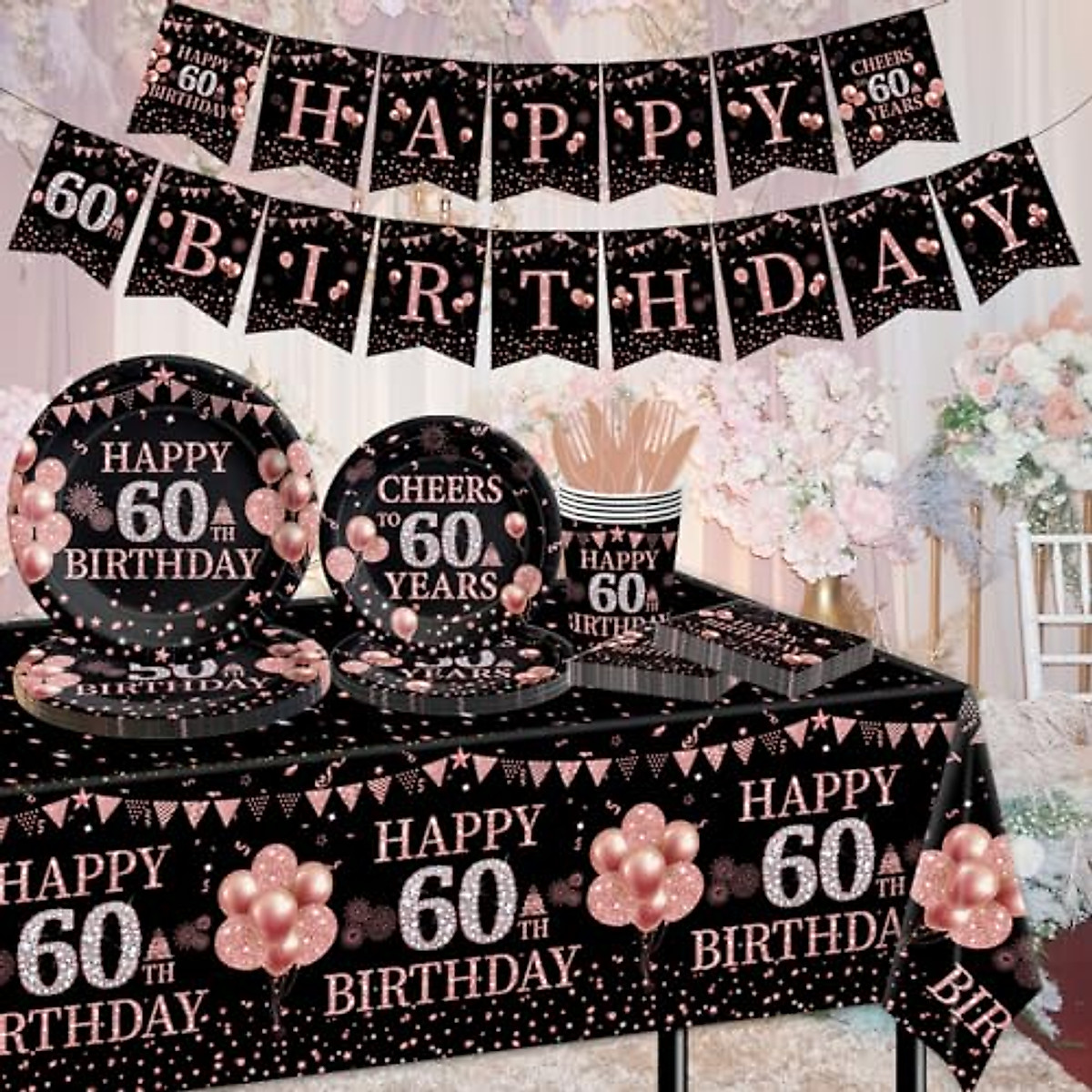 142Pcs Rose Gold 60th Birthday Decorations-Happy 60th Birthday Disposable Tableware for Women Rose Gold Birthday Plates and Napkins Set Serves 20 Guests