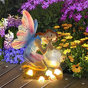 PERFECTOP Solar Angel Garden Statue Outdoor Decor, Resin Fairy Angel Elf Girl Figurine with Solar Lights, Garden Art for Patio Lawn Yard Porch Wedding Home Decoration, Valentine's Day Women Gifts