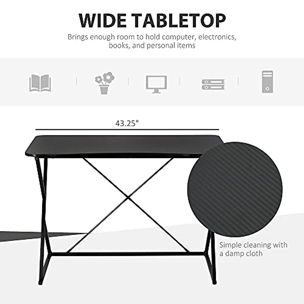 HOMCOM 43" Home Office Computer Desk Study Student Writing Table with Z and X Bar Frame Support for Living Room, Black