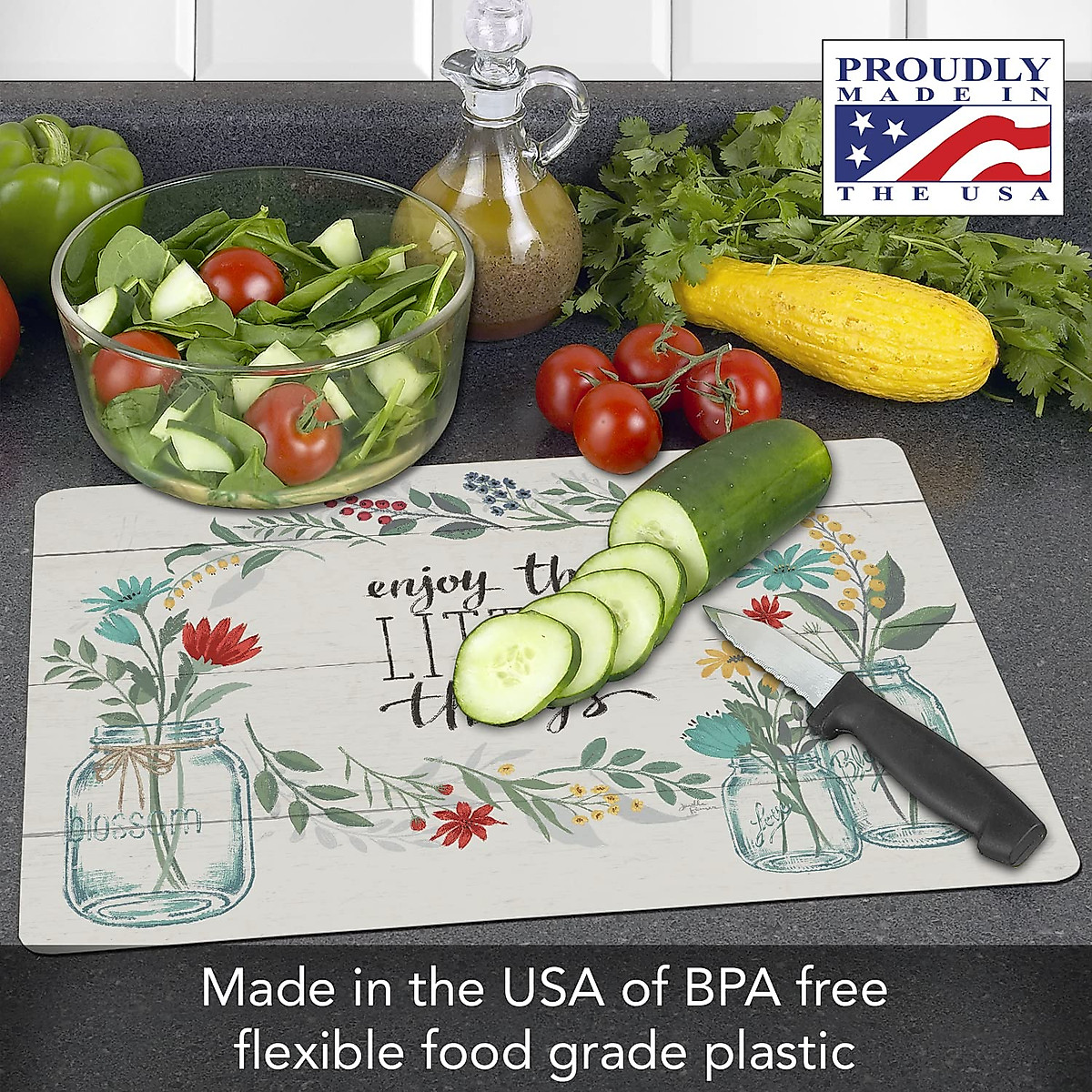 CounterArt Blooming Thoughts Designer Flexible Plastic Cutting Board Mat, 15" x 11.5", Made in the USA, Decorative, Flexible, Easy to Clean