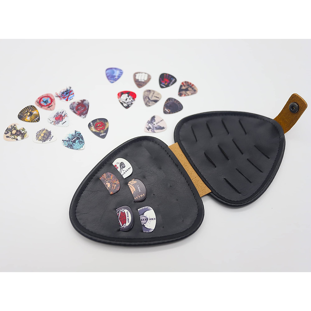 RAUYIVANY Guitar Pick Holder Case with 22 Picks, inner-outer layer Pure Leather for Storage 22 Slots Various Thickness Picks Pouch. Guitarist Gift