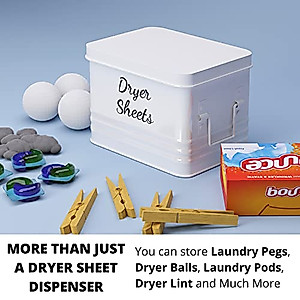 QUILIVIK Farmhouse Metal Dryer Sheet Holder for Laundry Room with Hinged Lid - Large Metal Fabric Softener Dispenser - Dryer Sheet Container with Tray.(Glossy White)