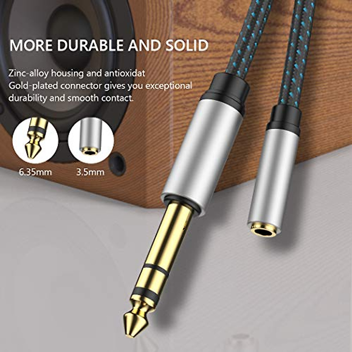 1/4 to 3.5mm Headphone Adapter, JewMod 6.35mm 1/4 Male to 3.5mm 1/8 Female Stereo Jack Audio Adapter, 3.5 to 6.35 Audio Cable for Amplifiers, Guitar, Piano, Home Theater Devices,etc-0.6Ft