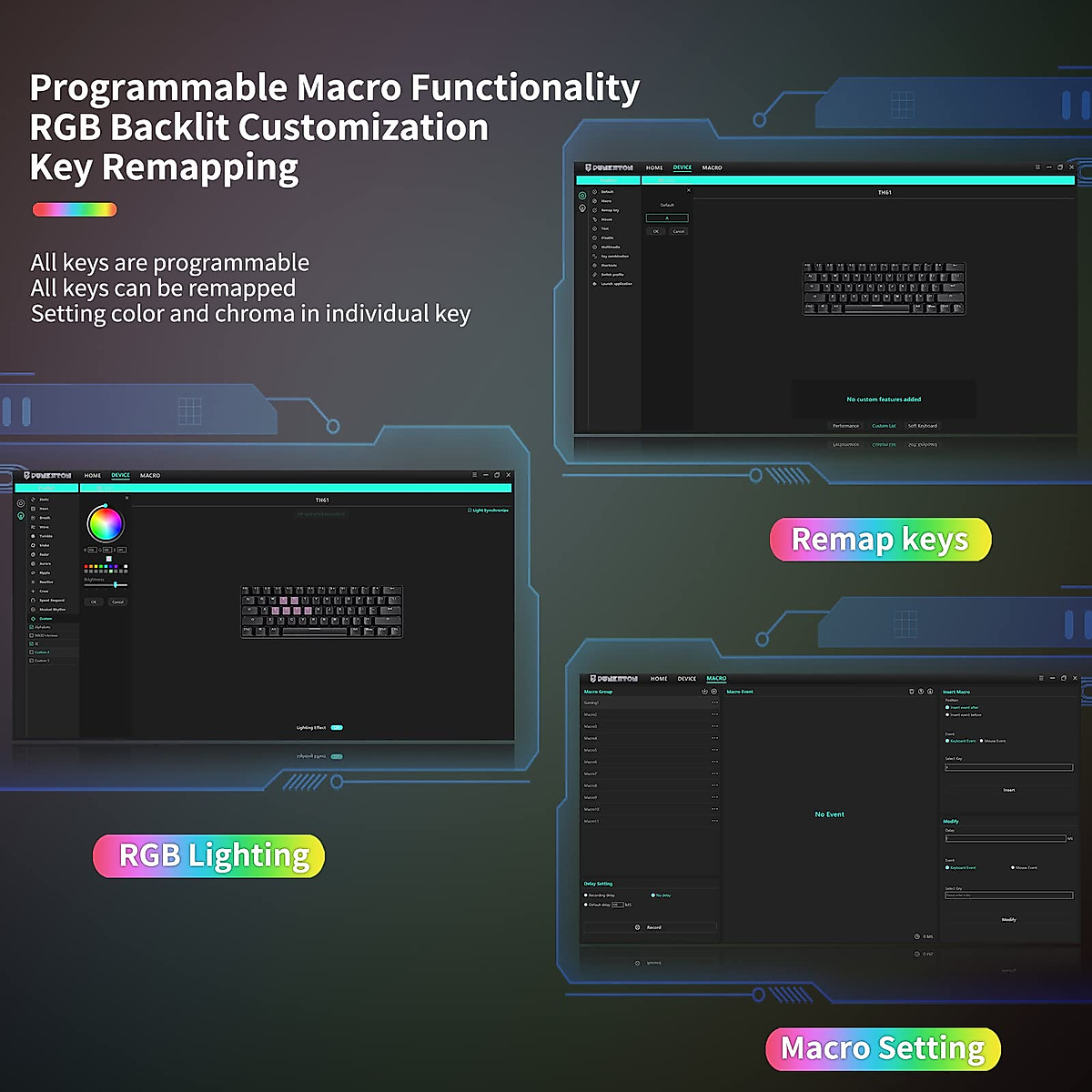 Punkston TH61 60% Mechanical Gaming Keyboard,RGB Backlit Wired Ultra-Compact Mini Mechanical Keyboard Full Keys Programmable Black