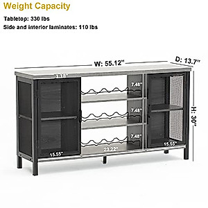 SOSPIRO Bar Cabinet with Wine Rack, LED Lights Industrial Coffee Bar Cabinet for Liquor and Glasses, Liquor Cabinet Bar for Home, Wine Bar Cabinet with Adjustable Shelves (Grey)