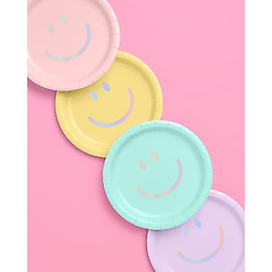 xo, Fetti Smiley Paper Plates - 24 pk, 9" | Happy Pastel Birthday Party Decorations, Cute Bachelorette Party, Cool Cake Plates