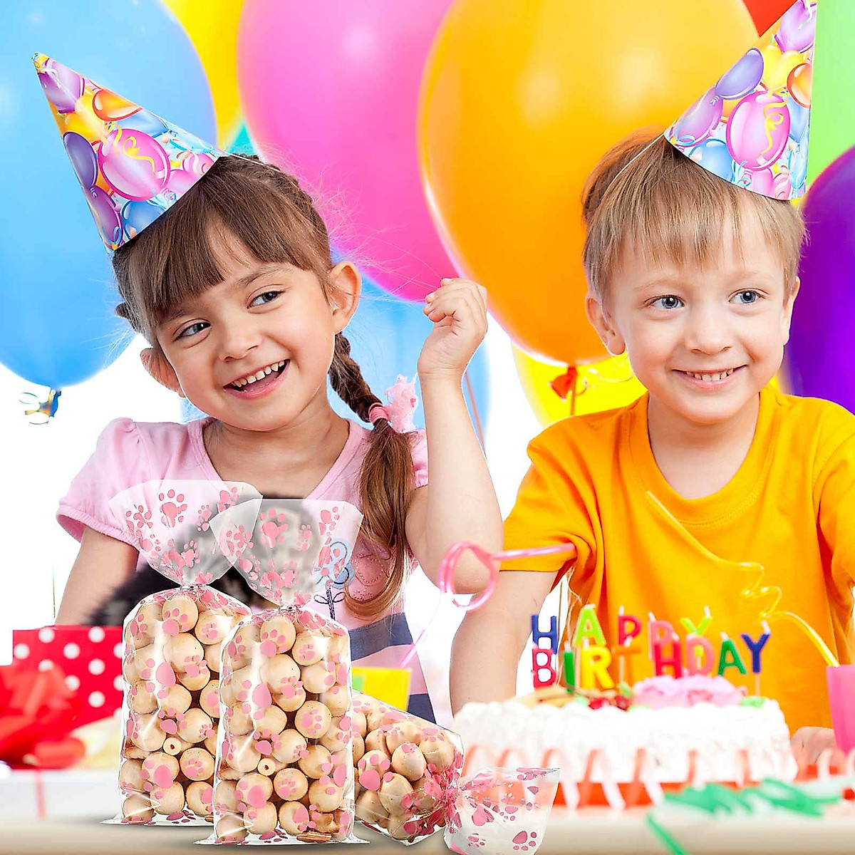 100 Pieces Pet Paw Print Cone Cellophane Bags Heat Sealable Candy Bags Dog Paw Gift Bags Cat Treat Bags with 100 Pieces Silver Twist Ties for Pet Treat Party Favor (Pink)