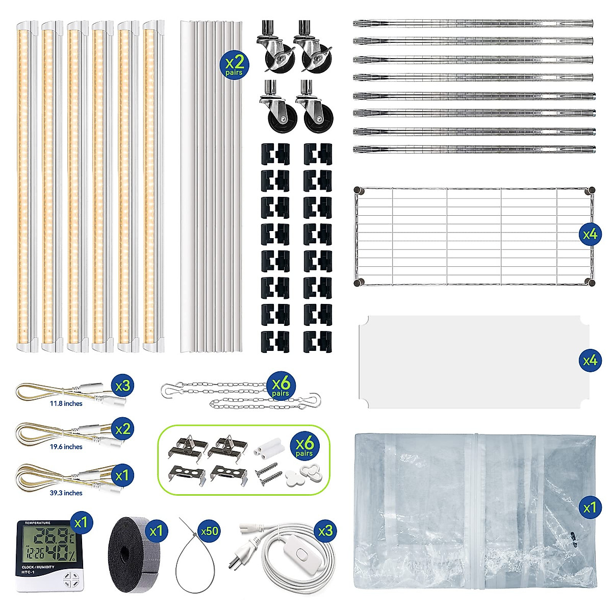 Monios-L Indoor Greenhouse with Grow Light and Shelf,Mini Greenhouse with 4-Tier Metal Plant Stand,Full Spectrum Growing Lamps with Clear Cover Tent for Seed Starter System,(35Lx14Wx61H)