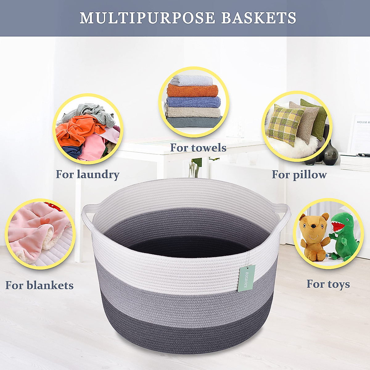 BOSROTY Extra Large Blanket Basket 87L, Laundry Hamper, Baby Nursery Hamper, Large Laundry Basket For Girls Boys, Cotton Rope Basket, Clothes Basket Laundry, 22”x 14”, White & Gray