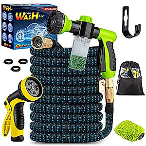 Topidex Car Wash Kit, Expandable Garden Hose 50 FT - with High Pressure Spray Nozzle – Durable Soap Dispensing Sprayer Gun - 9 Spray + 3 Foam Spraying Patterns with Storage Bag, Hanger & Wash Mitt