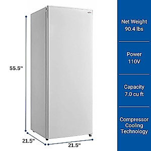 Koolatron Garage-Ready 7.0 Cu Ft Upright Freezer Low-Frost Technology Premium Insulation Repositionable Shelves Pizza Compartment Reliable Compressor Cooling Ideal Basements Outbuildings