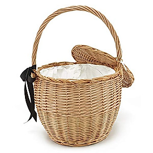 Miuco Womens Wicker Basket Bag Handmade Straw Rattan Bamboo Bag With Lid Handbag Medium