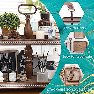 FESTWIND Farmhouse Wooden Rectangle Tiered Tray for Countertop, Small Beaded Tiered Tray Stand for Holidays, Two Tiered Tray Distressed Brown