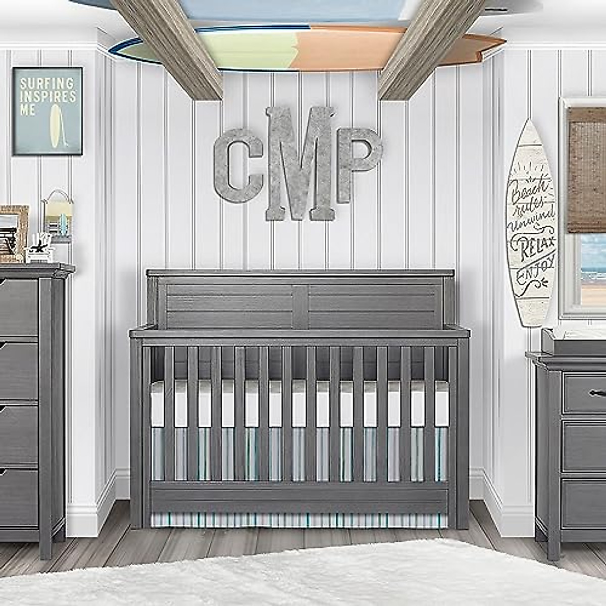 Evolur Belmar Flat 5-in-1 Convertible Crib in Rustic Grey, Features 3 Mattress Height Settings, Greenguard Gold Certified, Made of Kiln-Dried Hardwood