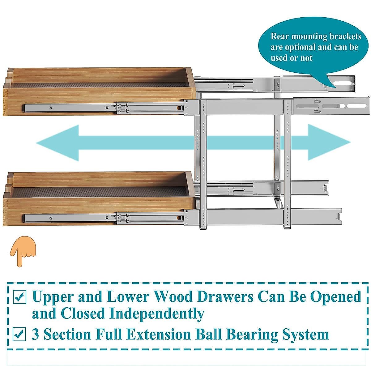 OCG 2 Tier Pull Out Cabinet Organizer (20" W x 21" D), Heavy-Duty Slide out Wood Drawer Shelf, Pull Out Drawer for Cabinets, Base Cabinet Organization for Kitchen, Pantry, Bathroom