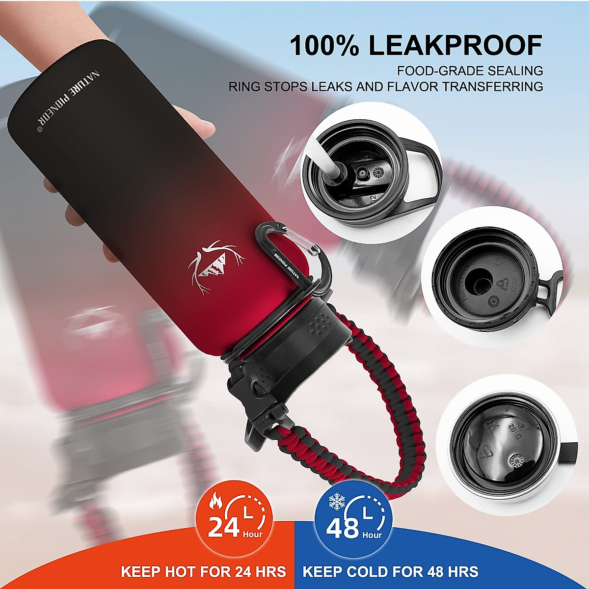 NATURE PIONEOR Insulated Water Bottles with Paracord Handle - 32 oz Vacuum Sports Wide Mouth Water Bottle with 3 Lids, Leak Proof Stainless Steel Keeps Hot and Cold