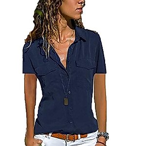Andongnywell Women's V-Neck Short Sleeve Tunic Tops Chiffon T-Shirt Blouse Tunics Shirt Lapel Short Sleeve Shirt (Dark Blue,10,7X-Large)