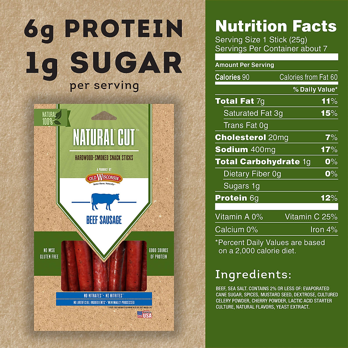 Old Wisconsin Natural Cut Beef Sausage Snack Sticks, Naturally Smoked, Ready to Eat, High Protein, Low Carb, Keto, Gluten Free, No Preservatives or Nitrates, 6 Ounce