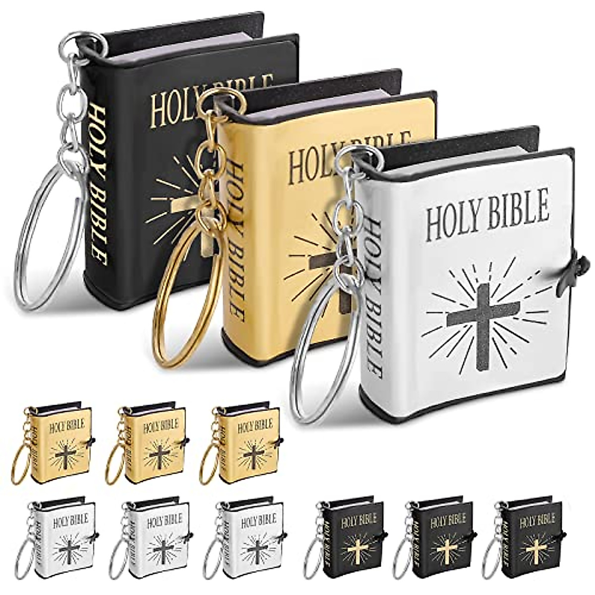 Teaaha 12 Pieces Mini Bible Book Keychain Small Holy Miniature Book Keyring Handbag Pendant Religious Key Ring Jesus Keychain Souvenir Christian Present for Church Baptism Souvenir Gifts