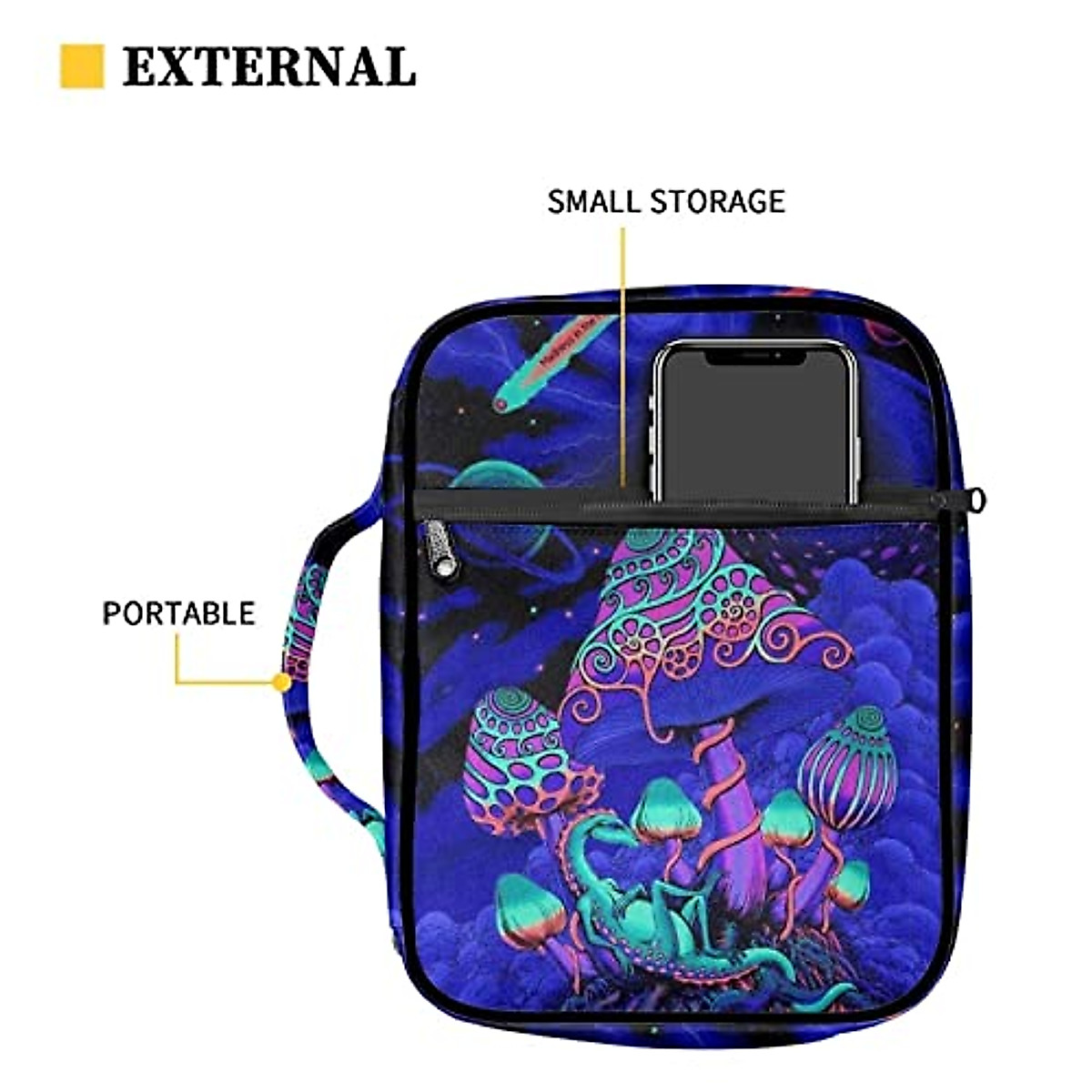 Gomyblomy Psychedelic Mushroom Pattern Bible cover, Scripture Tote with Handle, Zipper & Pocket, Standard Size Bible Book for Women, Girls & Children