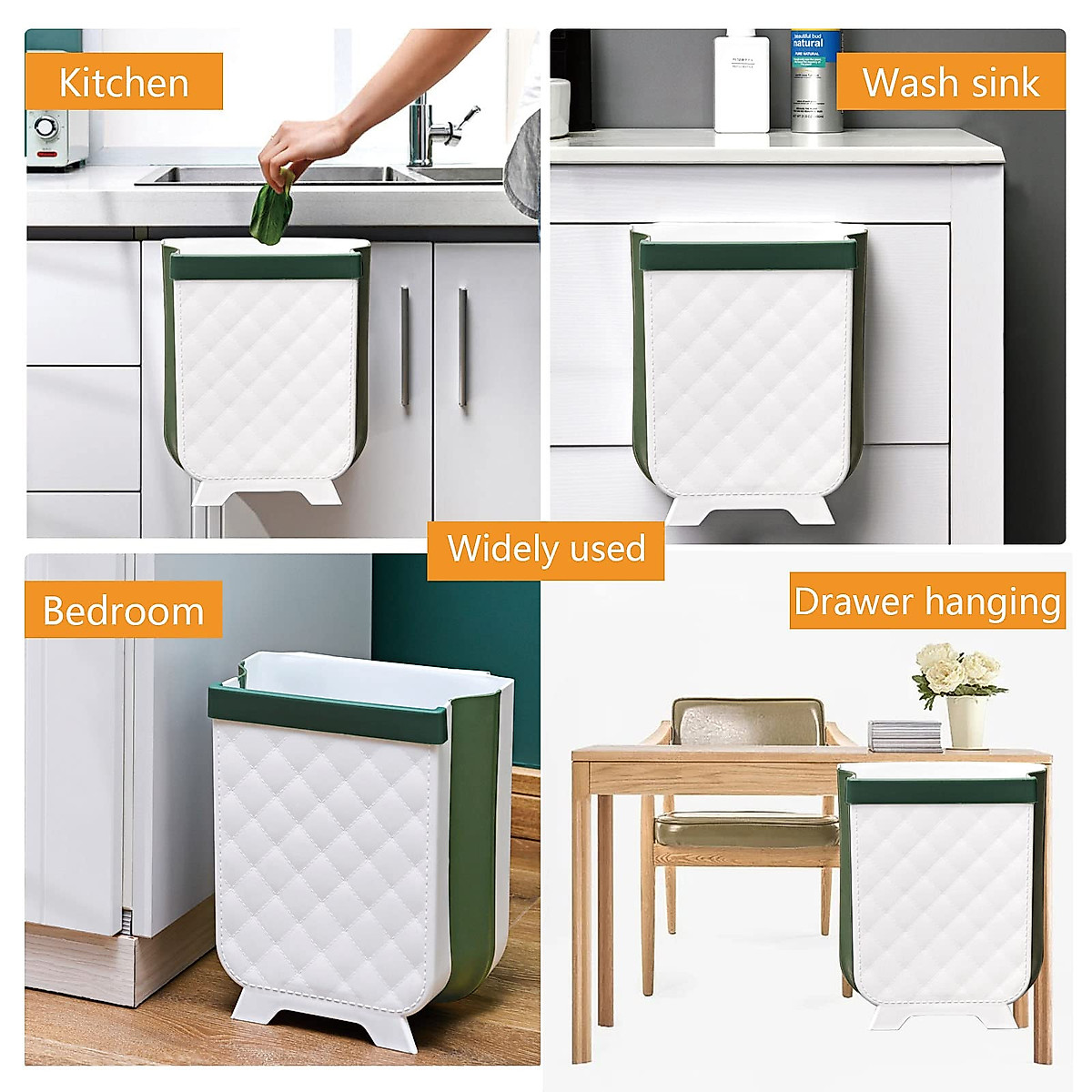 HUAPPNIO Hanging Trash Can for Kitchen Cabinet Door Wall Mounted Foldable Plastic Garbage Bin 2.6 Gallon Green