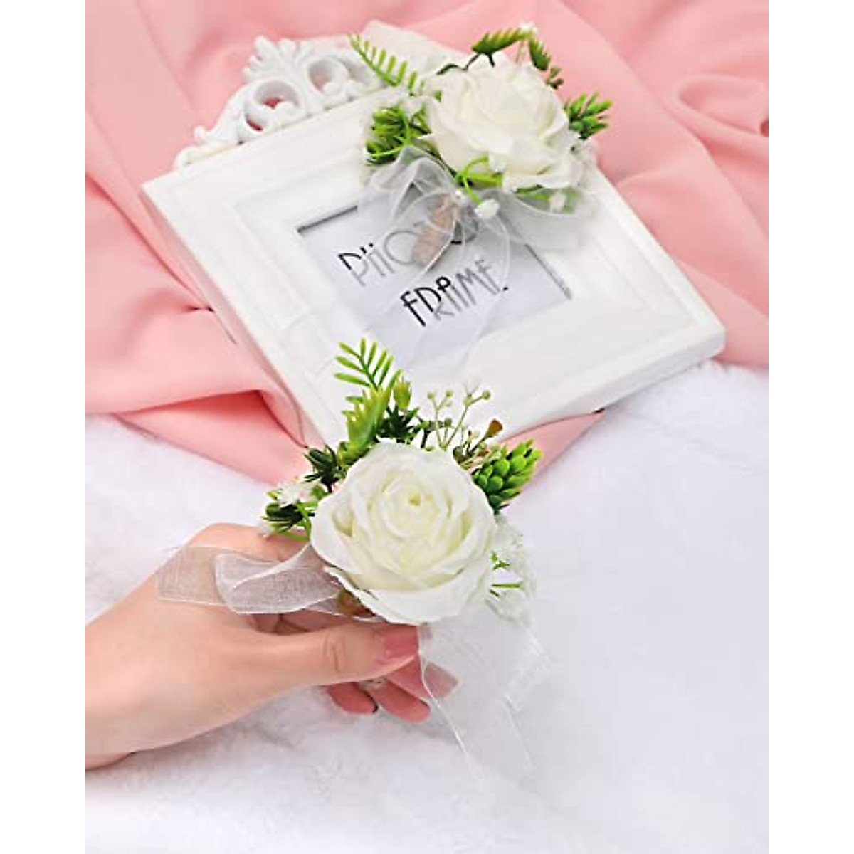 Ivory Rose Wrist Corsage Wristlet Band Bracelet and Boutonniere Set for Men Women Bride Bridesmaid Wedding Prom Flowers Accessories (6 Boutonnieres)